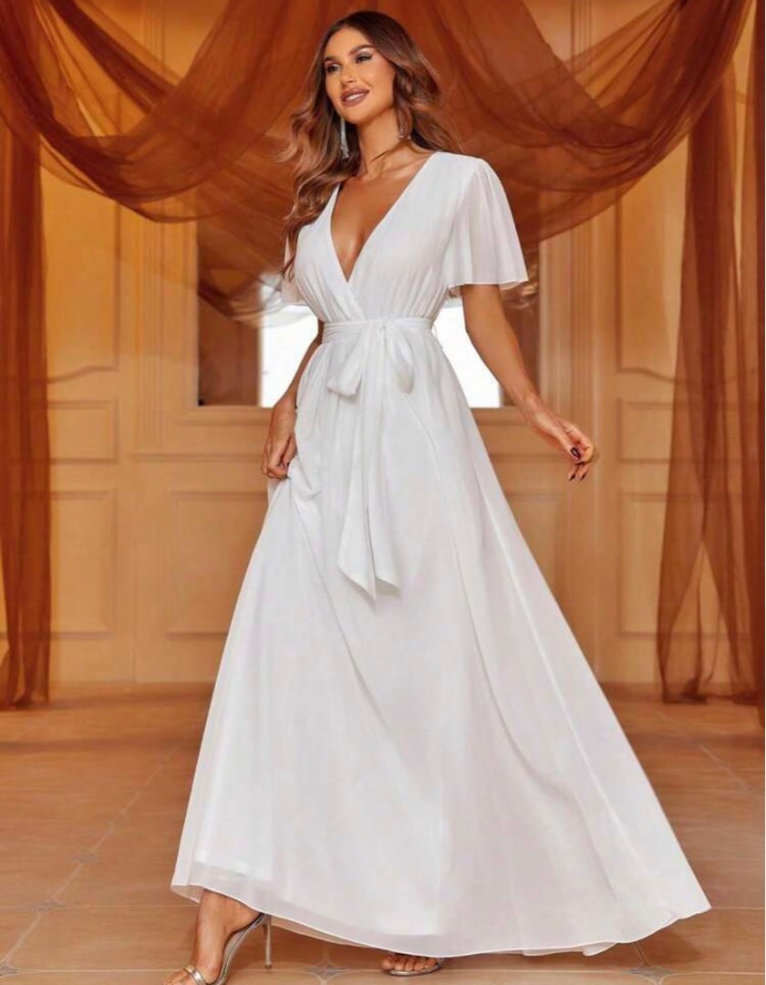 Classy white long flowy dress butterfly sleeve tie belt, Women's ...