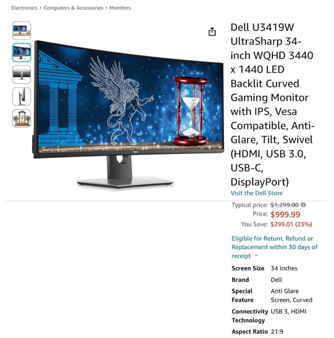 Dell U3419W Ultrasharp Ultra Wide Curved Monitor, Computers & Tech ...