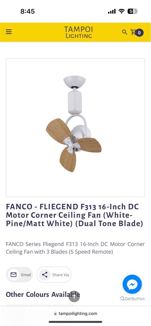 Fanco F313 16-inch DC Motor Corner Ceiling Fan, Furniture & Home Living ...