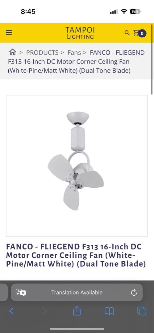 Fanco F313 16-inch DC Motor Corner Ceiling Fan, Furniture & Home Living ...