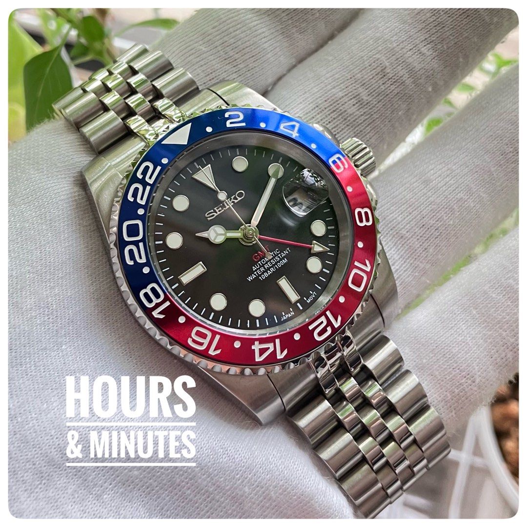 GMT Pepsi Red Blue ceramic bezel automatic watch - Seiko mod sub, Men's ...