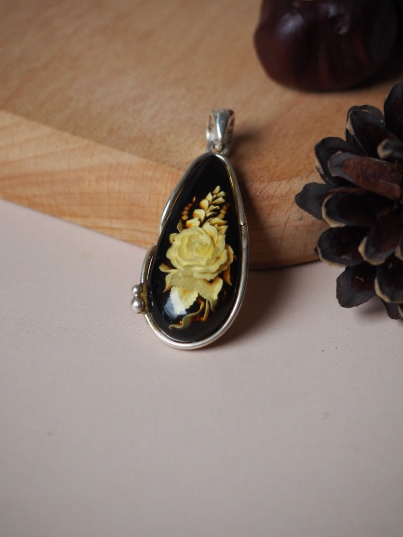 Handmade Semi-Crafted with Rose Shape Natural Amber Pendant, Hobbies ...