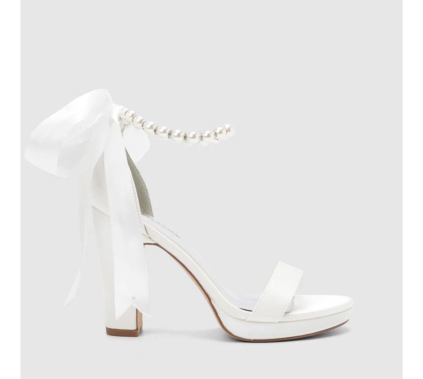 Matthews Wedding silk satin block heels with pearl ankle strap ribbon ...