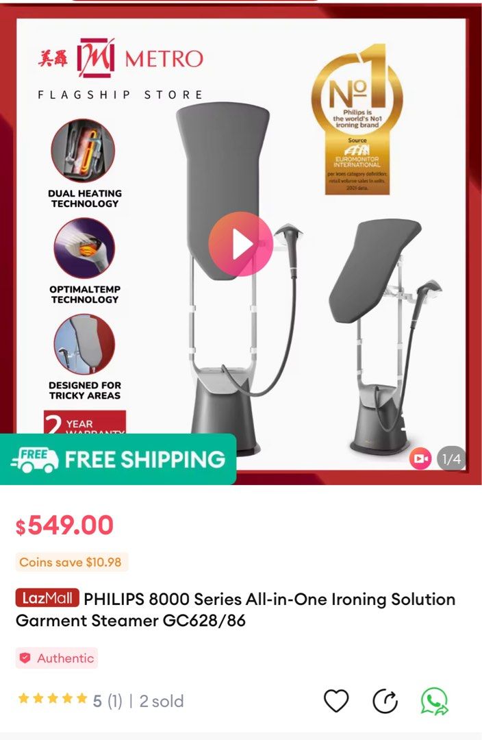 Philips All-in-One Garment Steamer 8000 Series GC628/86, TV & Home ...