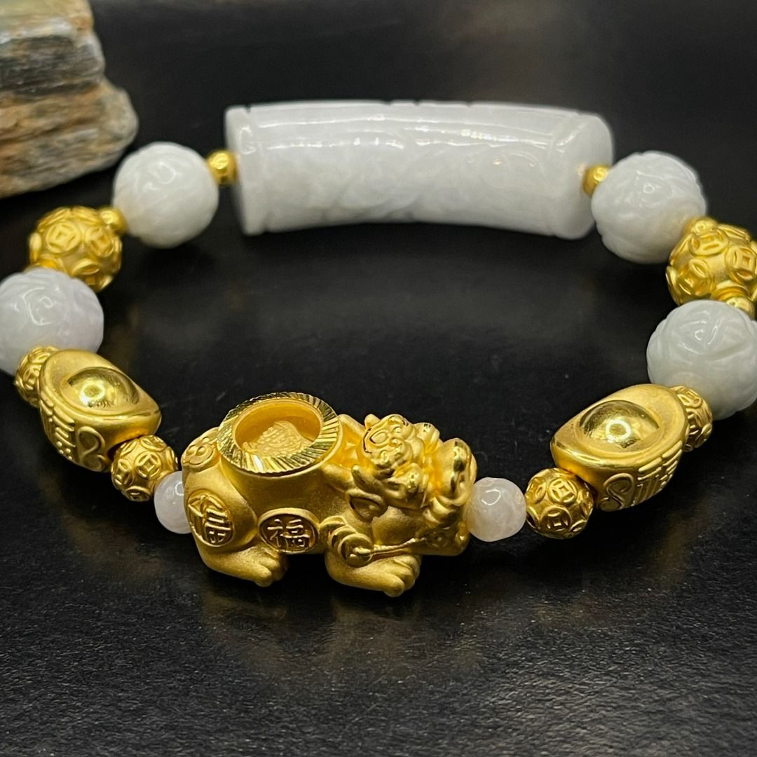 Real 24k Gold Spinning Piyao Bracelet with White Jade, Women's Fashion ...
