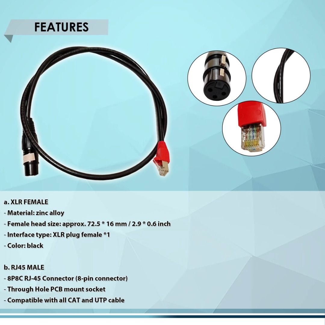 XLR FEMALE 3-PIN to RJ45 MALE NETWORK CAT6 CONNECTOR EXTENSION CABLE ...