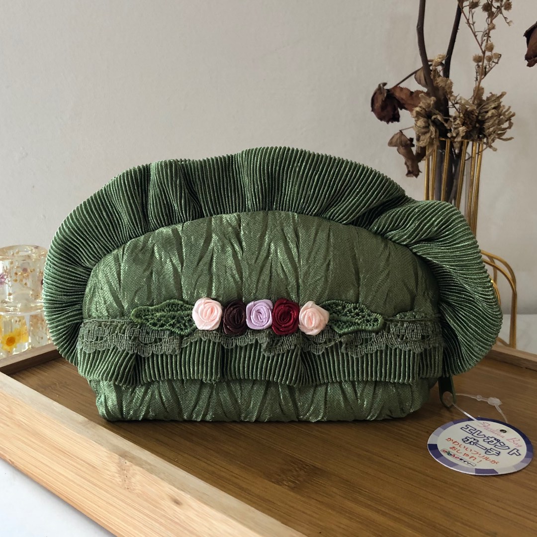 Ruffled Emerald Green Pouch with Flowers, Women's Fashion, Bags ...