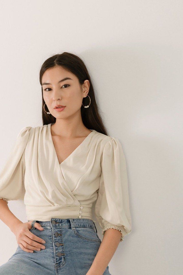 Olivia Pleated Wrap Top, Women's Fashion, Tops, Blouses on Carousell