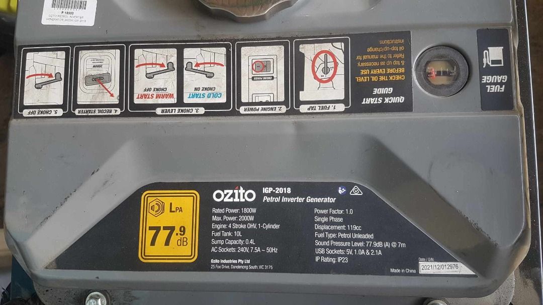 OZITO PETROL INVERTER GENERATOR 2000W, Commercial & Industrial ...