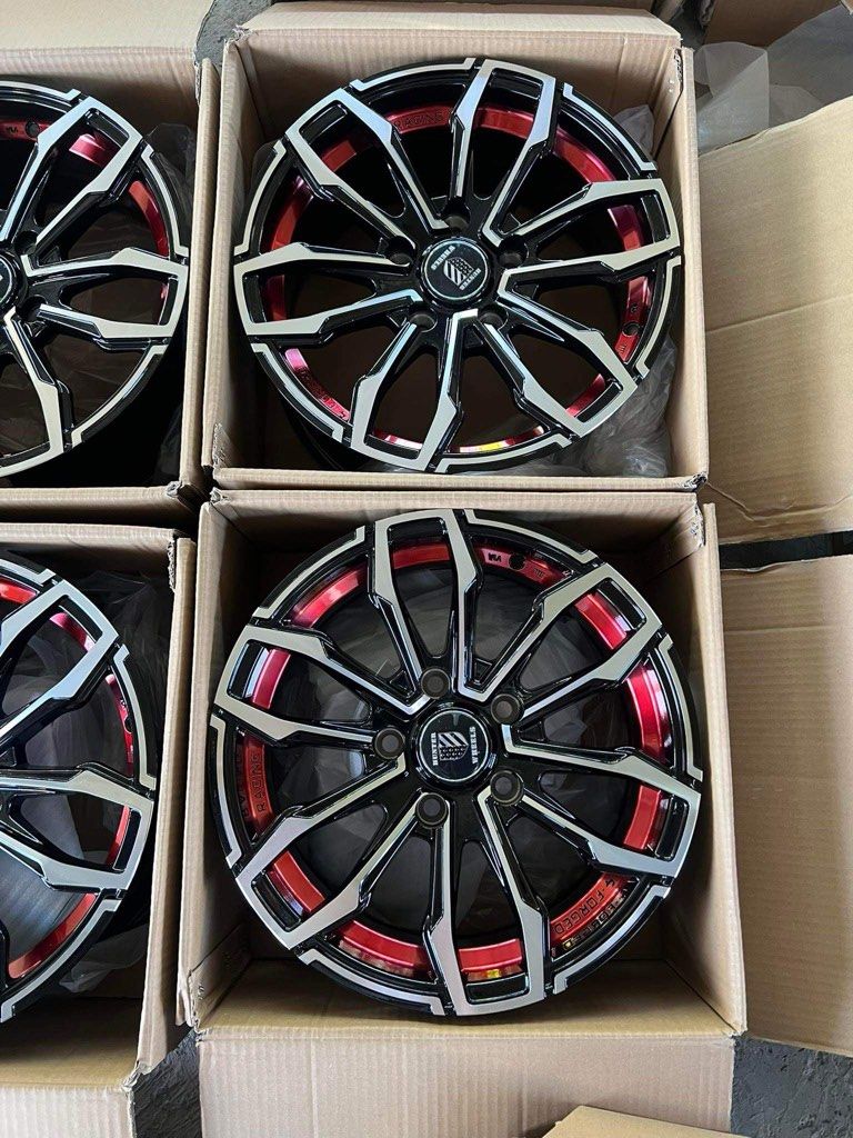 15” Hunterwheels H6015 Mags 5Holes pcd 114 Black polish with red trims ...