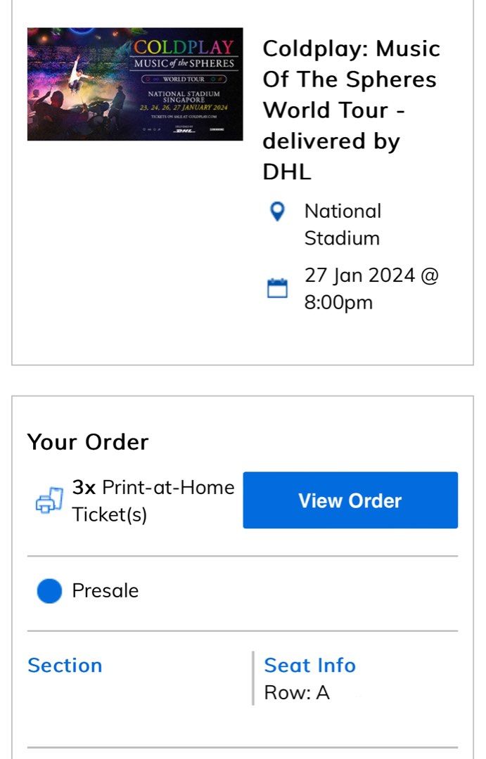 [27 JAN] 1x Coldplay Ticket SG : Music of The Spheres World Tour ...