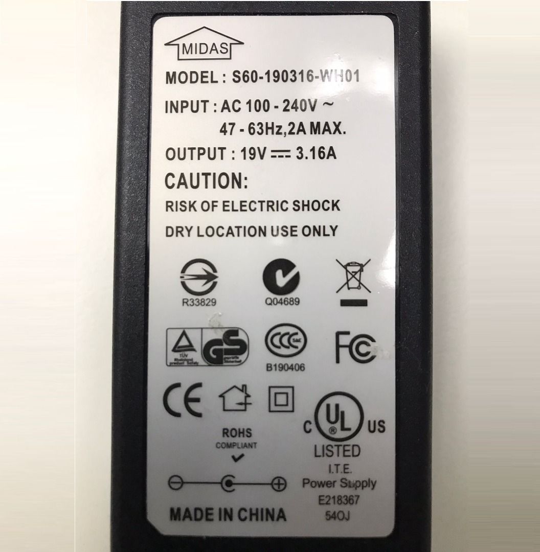 正品 Midas 19V 3.16A 交流適配器充電器，帶英國電源線 （輕度使用） ggmckp Genuine Midas 19V 3 ...