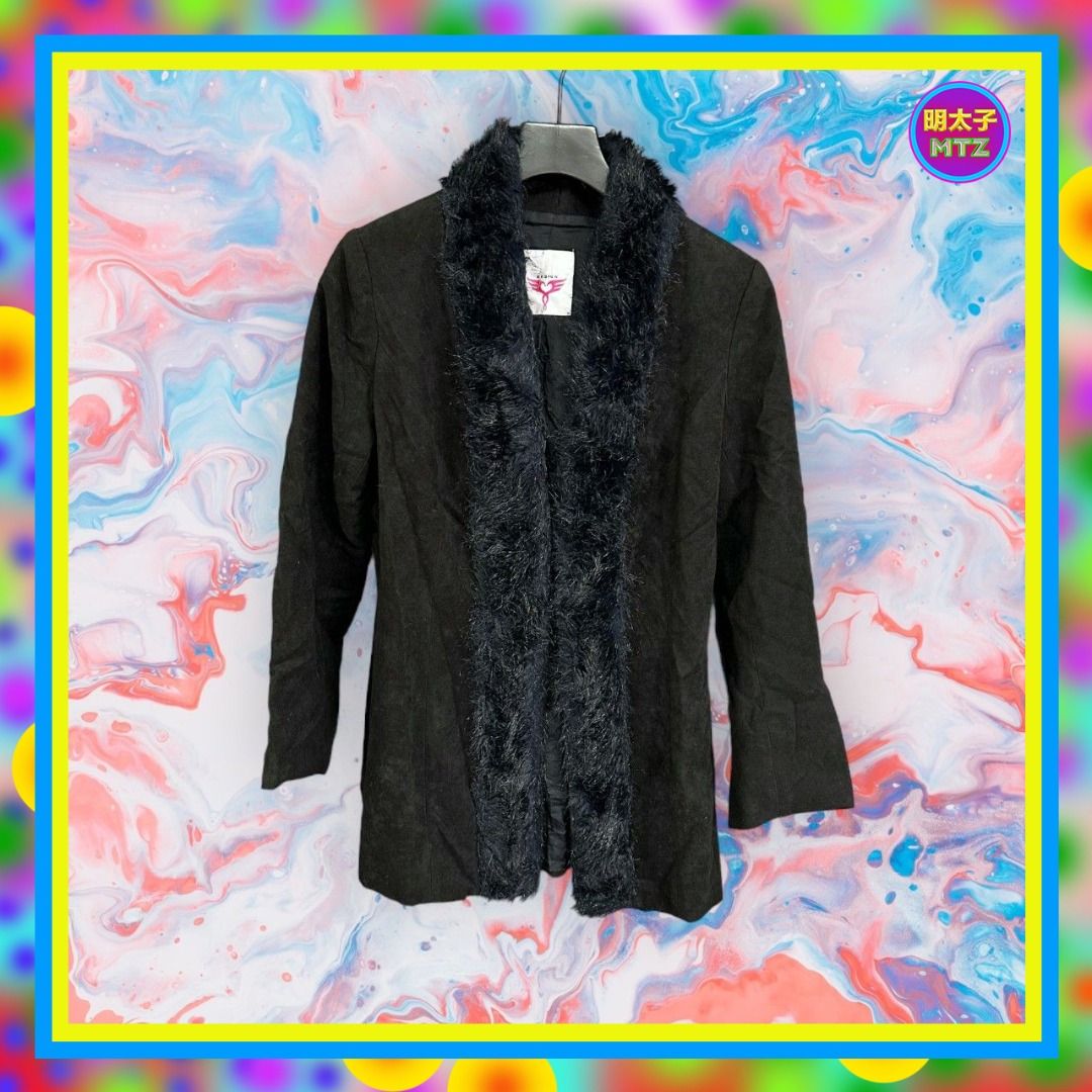 二手 STLU 黑色 絨布 拼接 鈎釦 合身 外套 大衣 G104 【明太子 古著應召站】, 她的時尚, 外套、夾克、大衣在旋轉拍賣