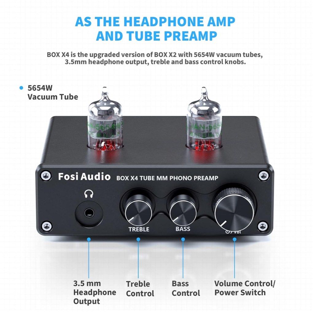 Fosi Audio Box X4 Phono Preamp with JAN 5654W Vacuum Tubes for MM Turntable (upgraded model from ...