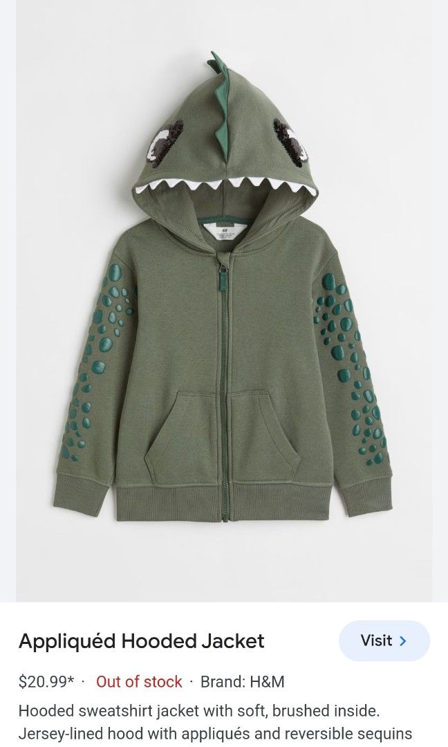 Like New H&M Dinosaur hood jacket army green 6-8 yrs old boy, Babies ...