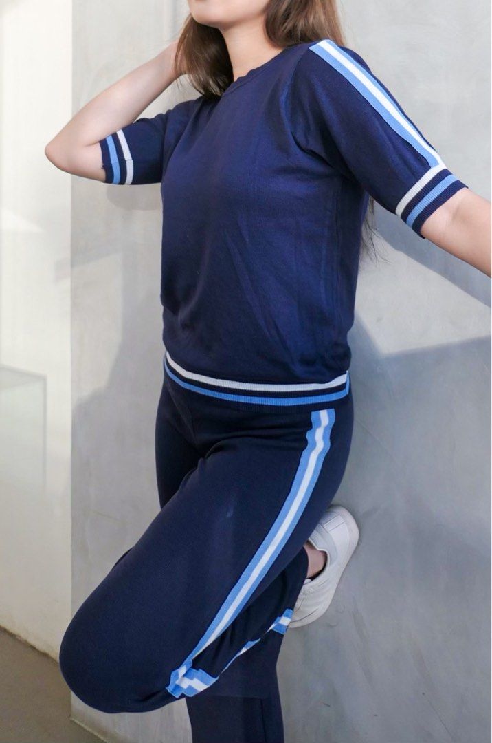 Navy Blue Coordinates Set Top Trousers Knitted, Women's Fashion ...