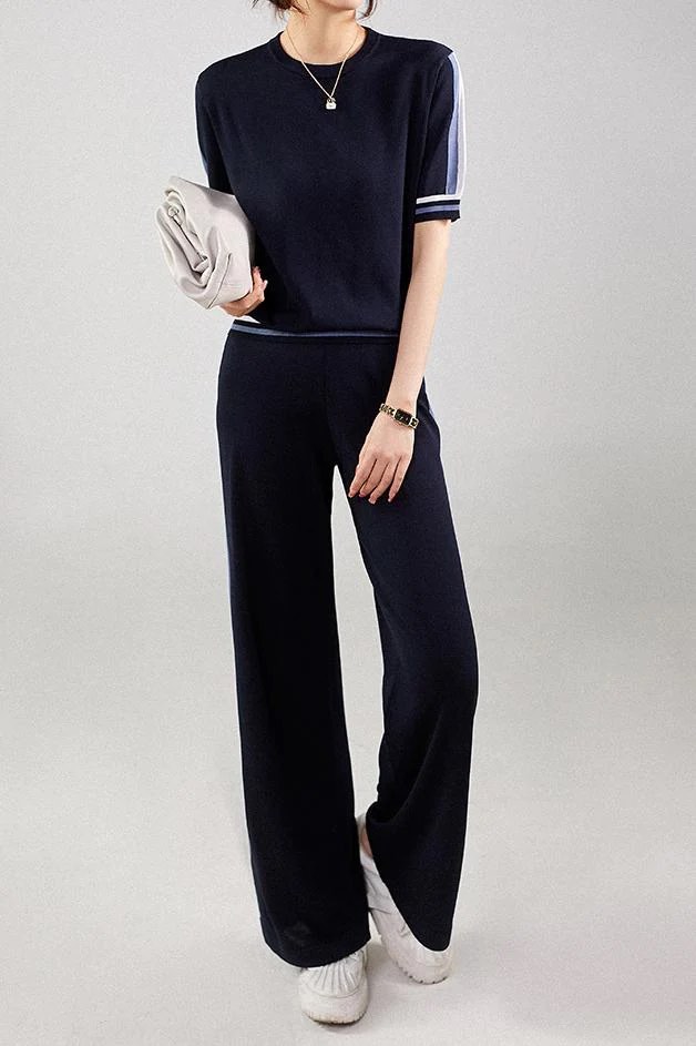 Navy Blue Coordinates Set Top Trousers Knitted, Women's Fashion ...