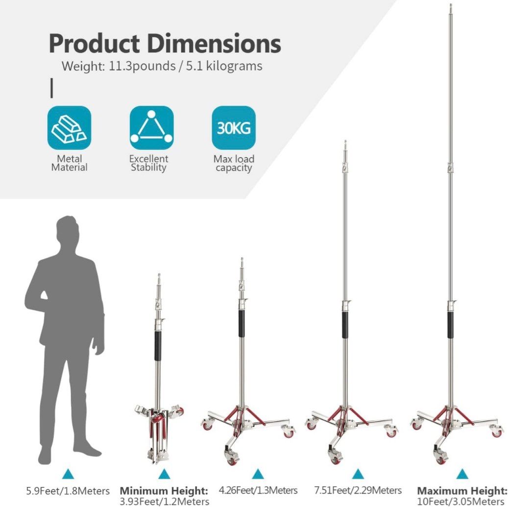 Neewer Pro Stainless Steel C-Stand with Casters (10'), Photography ...