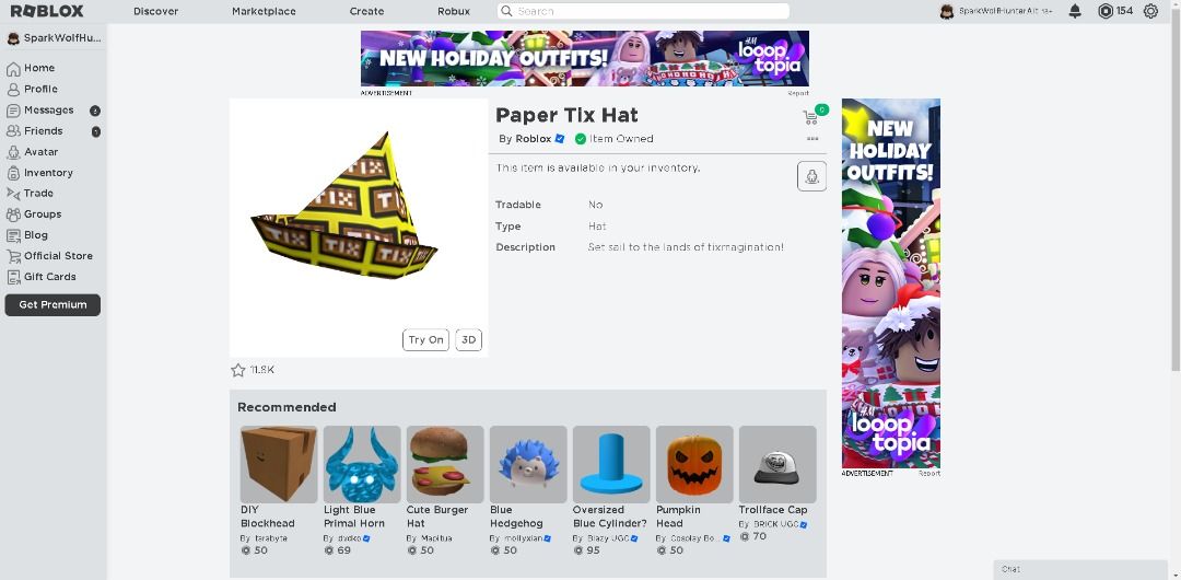 Old Roblox Boy Account From 2013 with Tix Paper Hat and 154 robux left ...