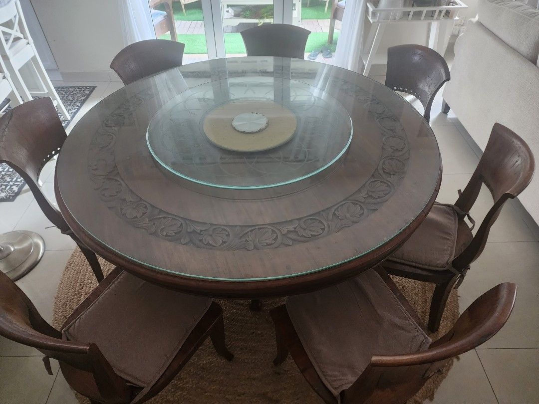 Teakwood round table inc 5 chairs, rotating glass, top tempered glass ...