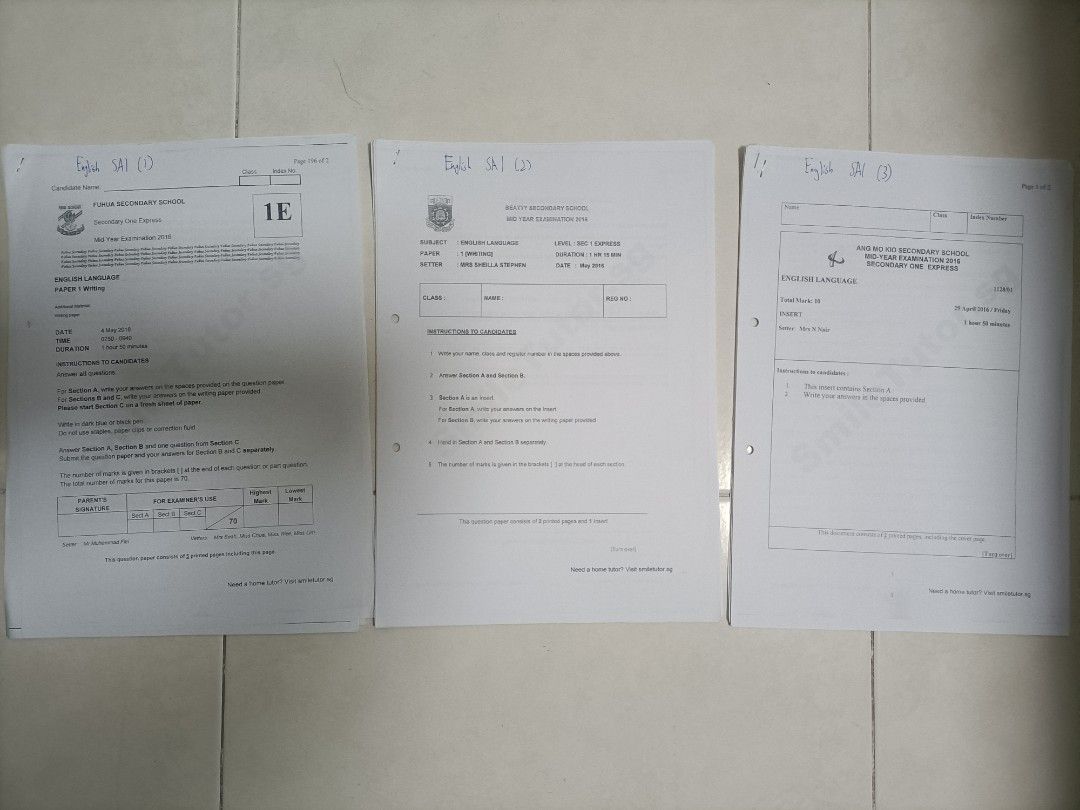 Sec 1 Exam Papers (Geography, Science, English, History), Hobbies ...