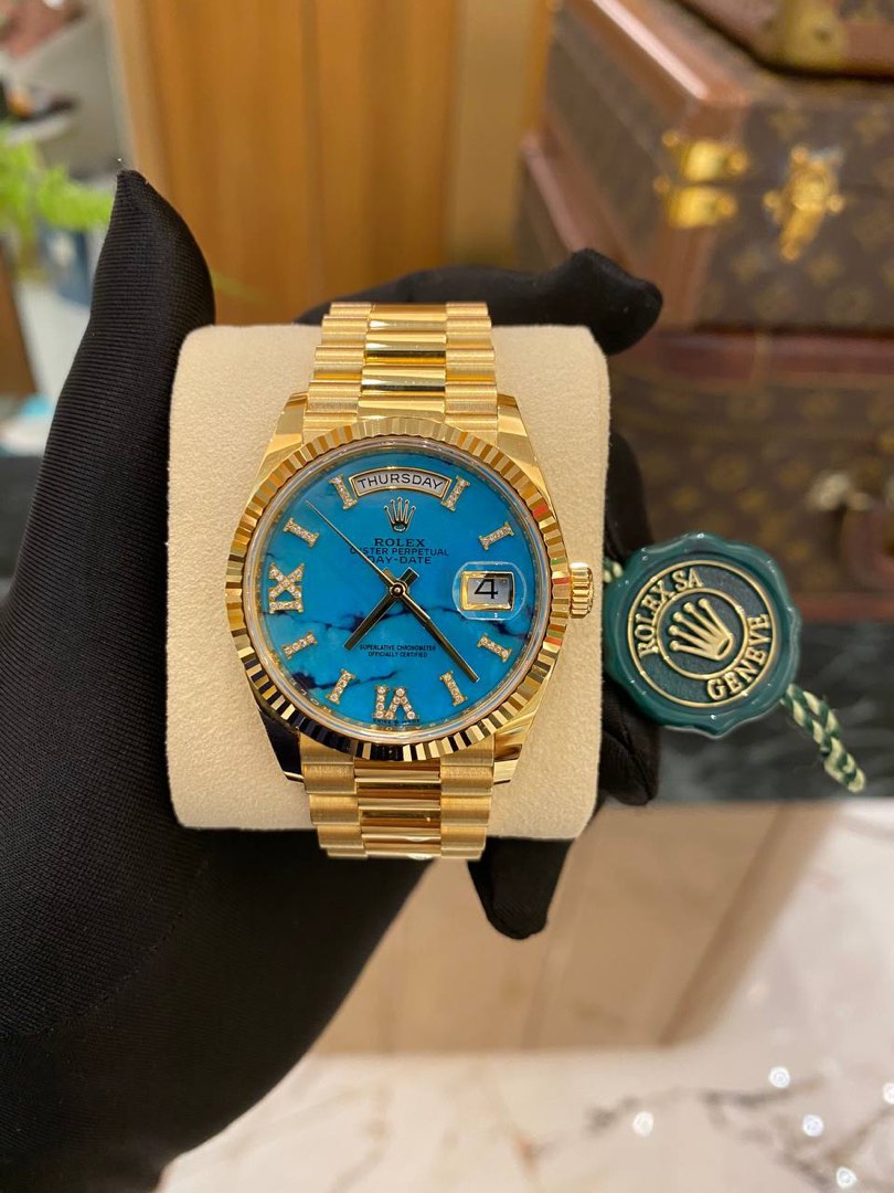 (UNUSED) ROLEX DAY-DATE FULL 18K YELLOW GOLD VERY SHINY TURQUOISE ...