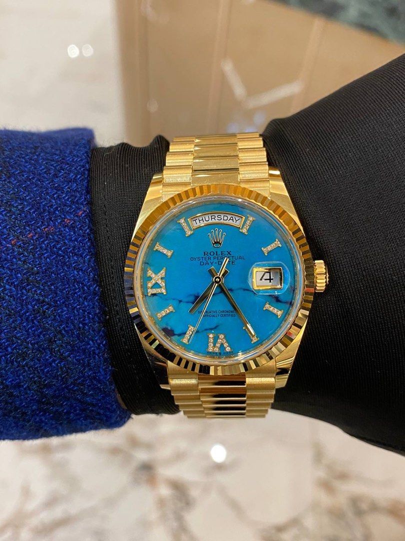 (UNUSED) ROLEX DAY-DATE FULL 18K YELLOW GOLD VERY SHINY TURQUOISE ...