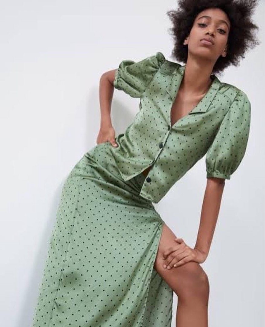 Zara green satin polka set, Women's Fashion, Dresses & Sets, Sets or ...