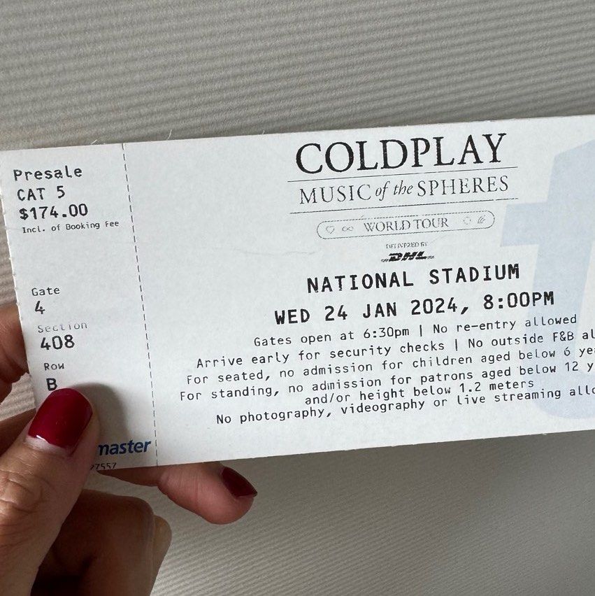 1x 24 Jan Coldplay Concert Cat 5 Music of the Spheres Ticket, Tickets ...