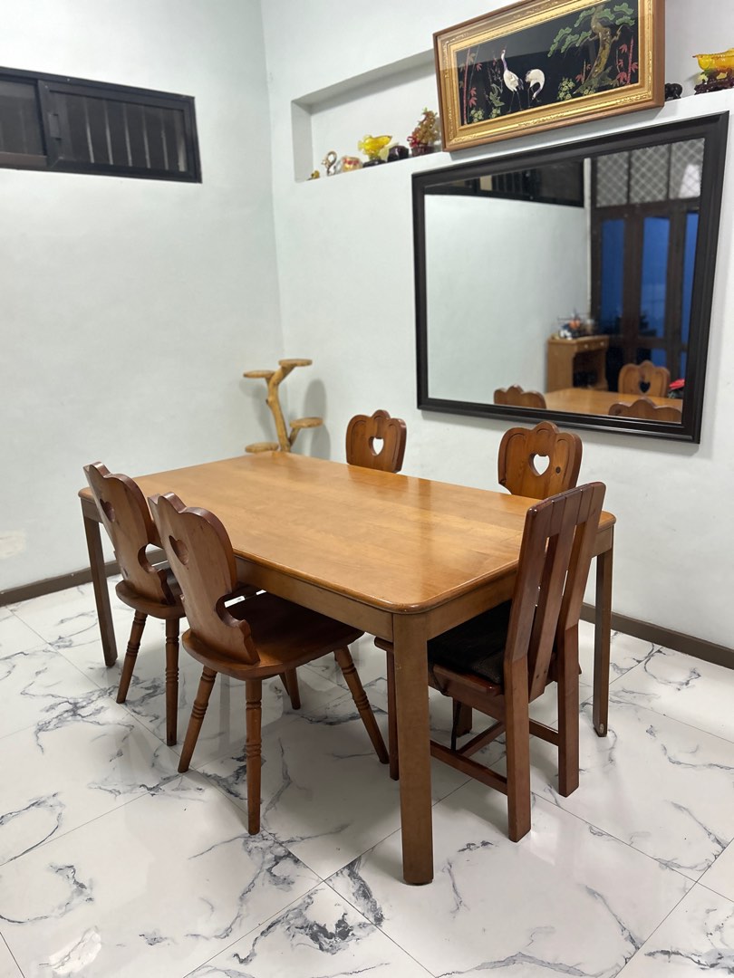 6 seater wooden dining table (5 chairs only), Furniture & Home Living ...