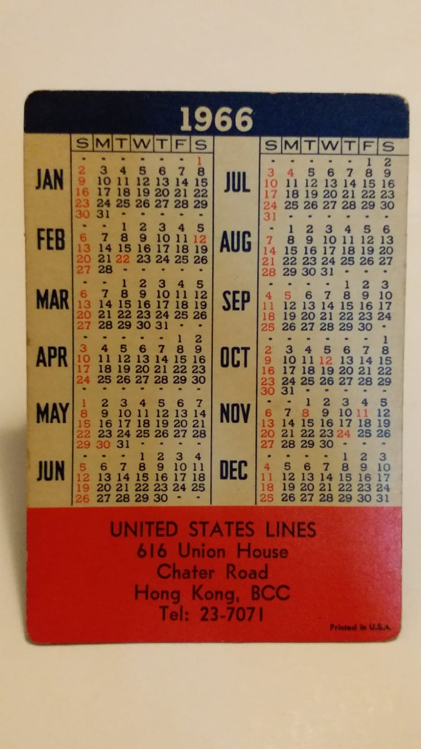 日曆卡 1966 United States Lines 年曆卡 日曆咭 年曆咭 calendar, 興趣及遊戲, 收藏品及紀念品, 古董收藏 ...