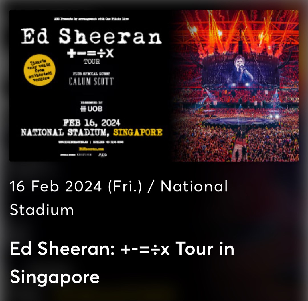 Ed Sheeran Singapore Cat 2 tickets 16 February-1 pair, Tickets ...