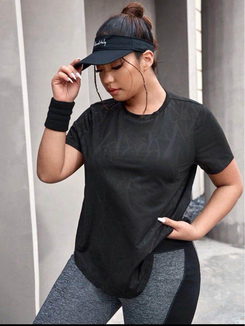 Shein running plus geo curved hem sports tee, Women's Fashion ...