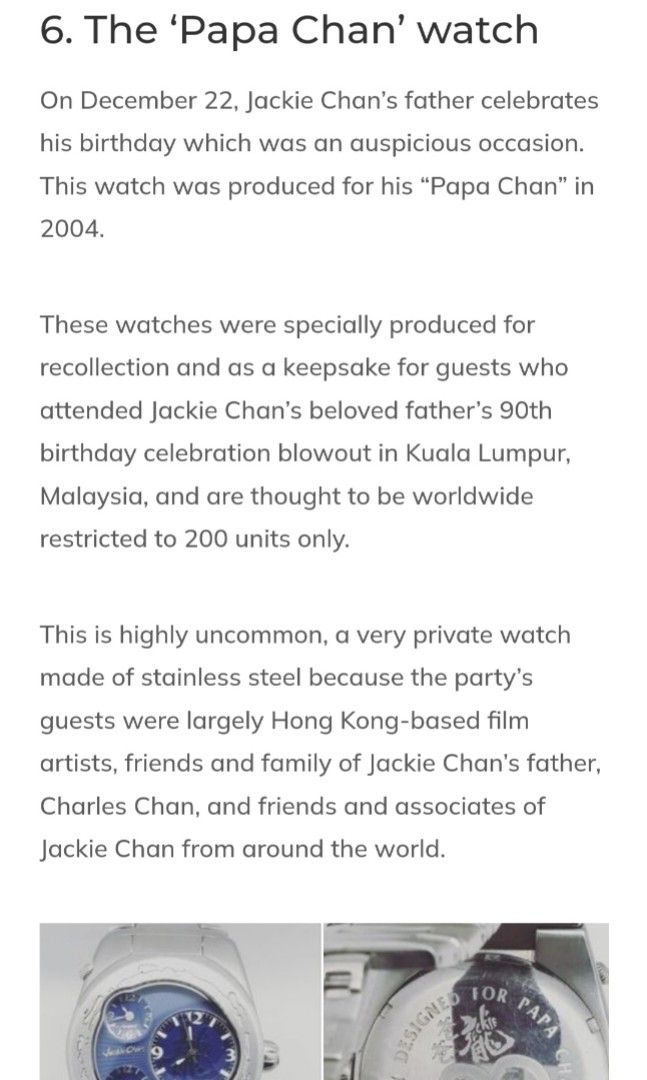 The 'Papa Chan' Watch -Jackie Chan, extremely rare 200 unit worldwide, Luxury, Watches on Carousell