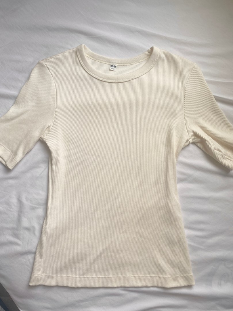 Uniqlo Off White Ribbed 3/4 Sleeve Top, Women's Fashion, Tops, Shirts ...