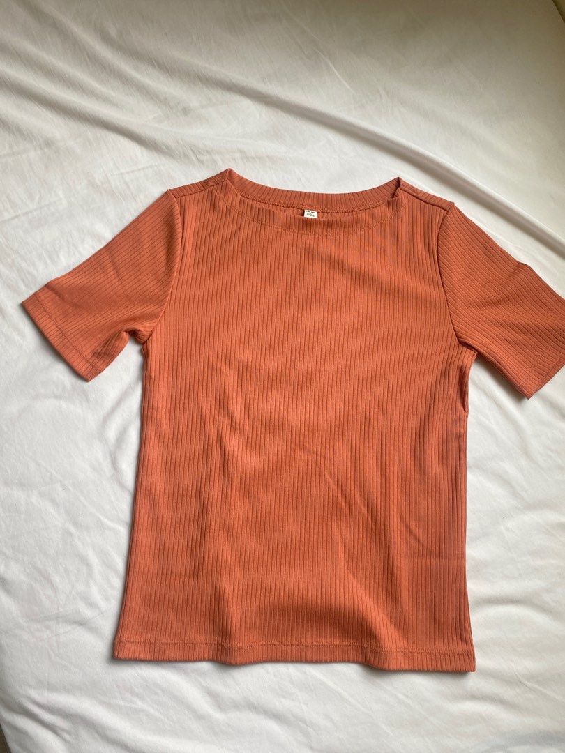Uniqlo Salmon Pink Boat Neck Ribbed Top, Women's Fashion, Tops, Shirts ...