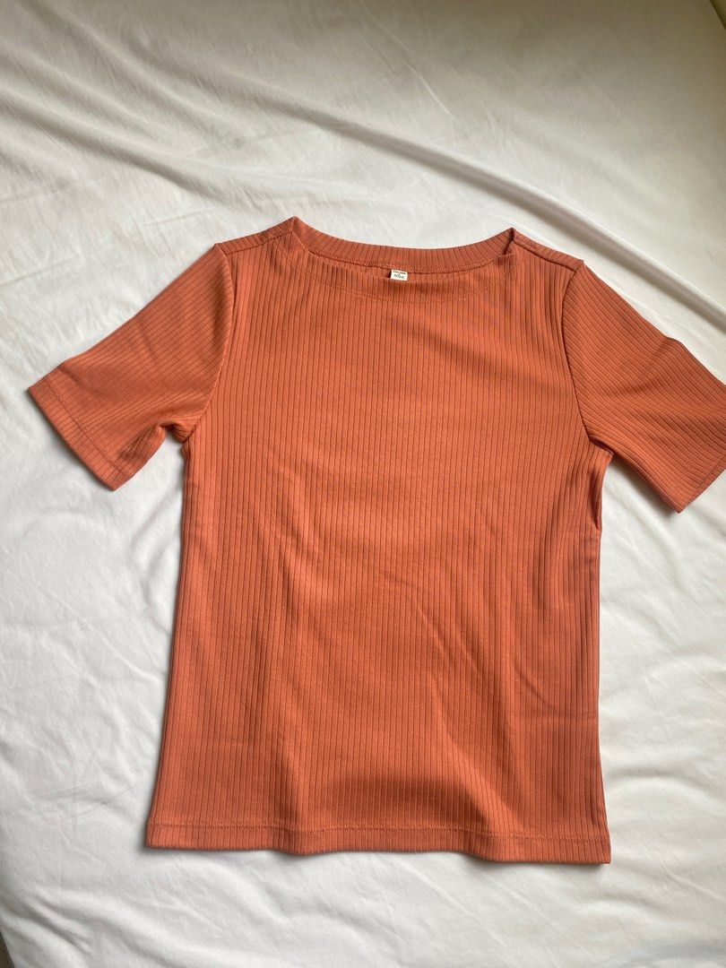 Uniqlo Salmon Pink Boat Neck Ribbed Top, Women's Fashion, Tops, Shirts ...