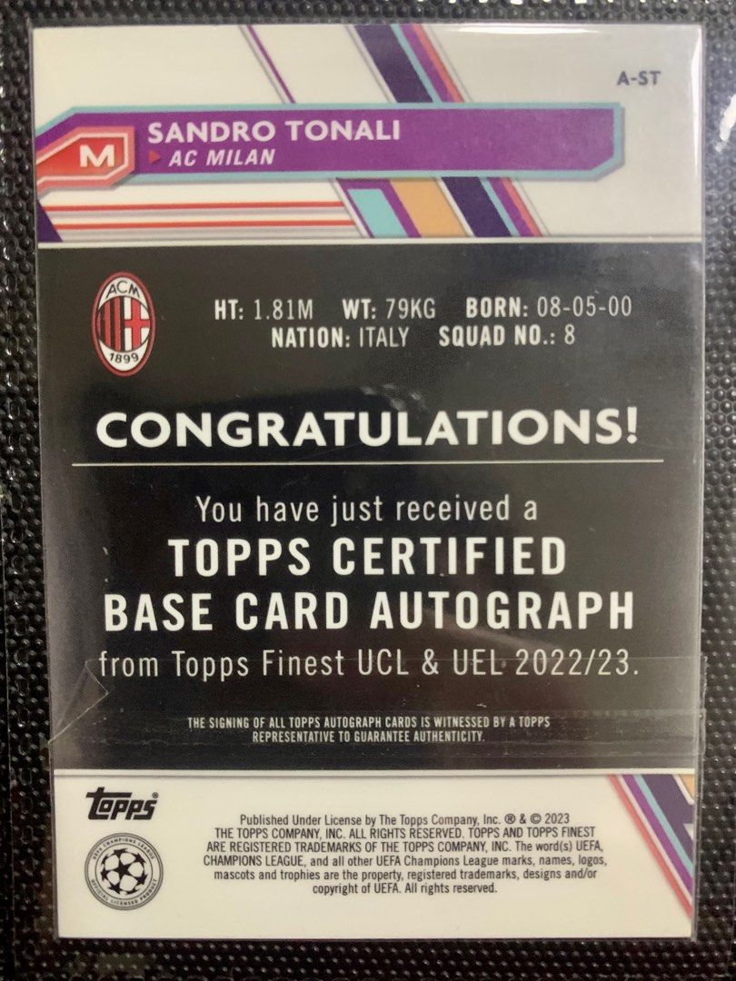 2022/23 Topps Finest UCL&UEL - SANDRO TONALI Autograph, Hobbies & Toys, Collectibles ...