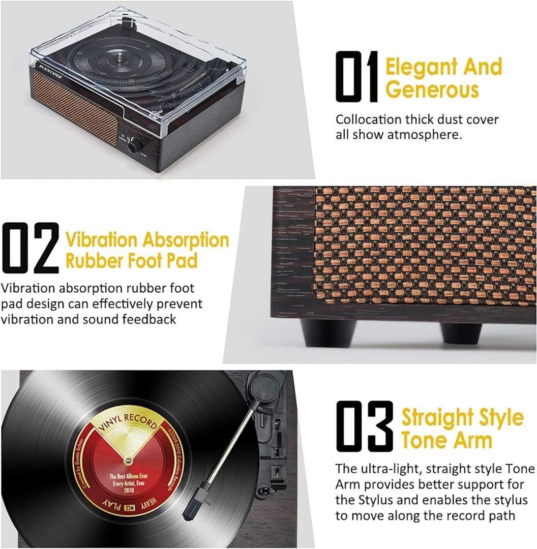 [5085] WOCKODER Vinyl Record Players Vintage Turntable for Vinyl Records with Speakers Belt ...