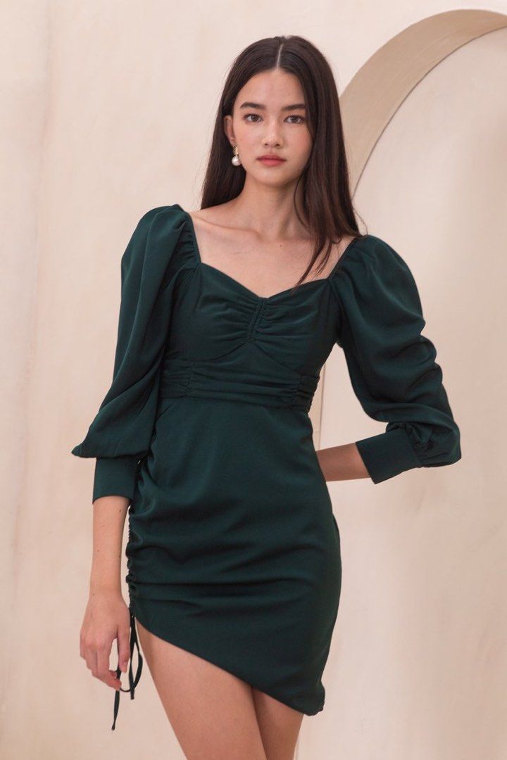 MIKAYLA Consort Gao Ruched Satin Dress in Emerald Green, Women's ...