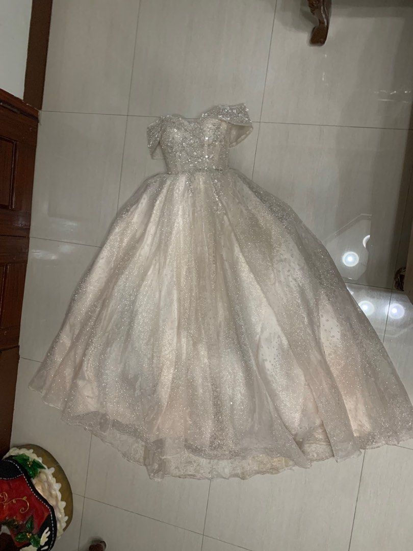 Of shoulder champagne gowm for debut, Women's Fashion, Dresses & Sets ...