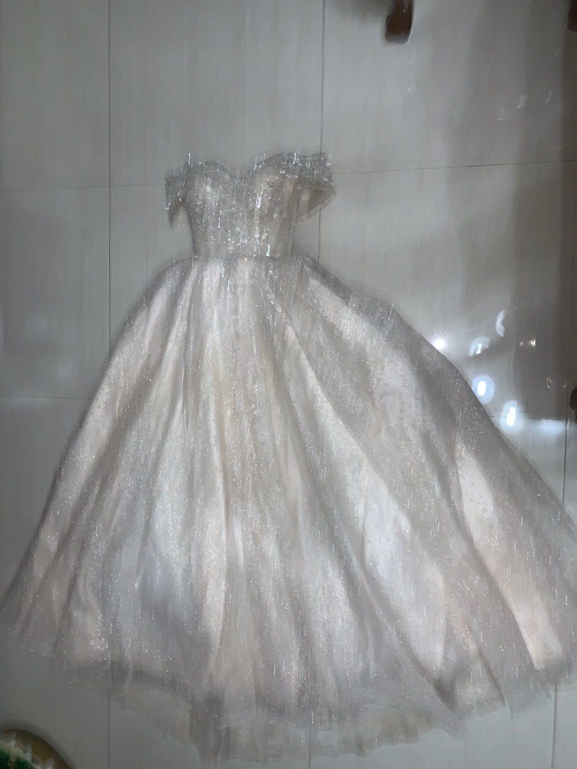 Of shoulder champagne gowm for debut, Women's Fashion, Dresses & Sets ...