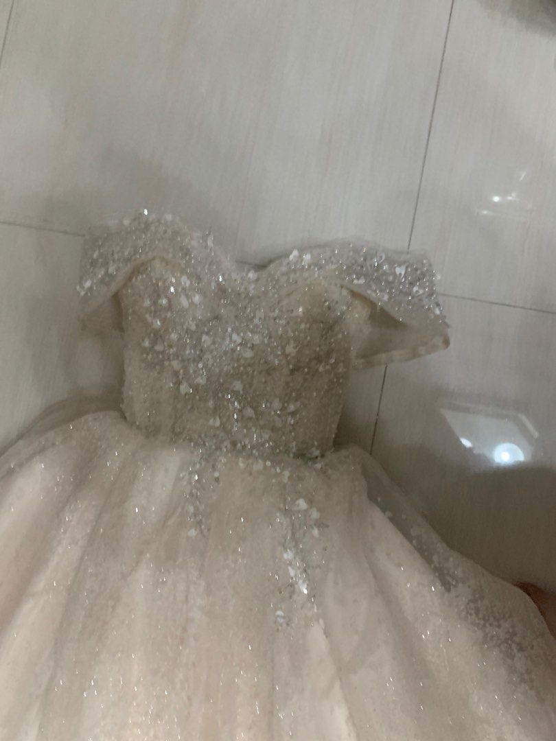 Of shoulder champagne gowm for debut, Women's Fashion, Dresses & Sets ...