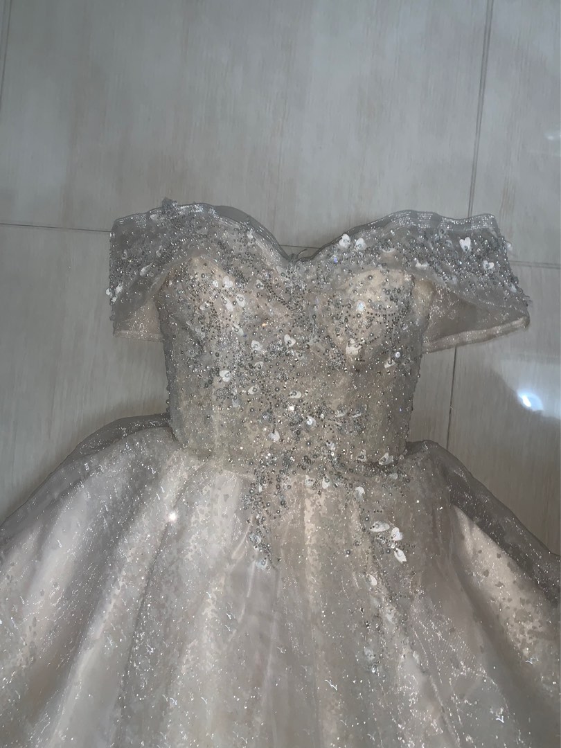 Of shoulder champagne gowm for debut, Women's Fashion, Dresses & Sets ...