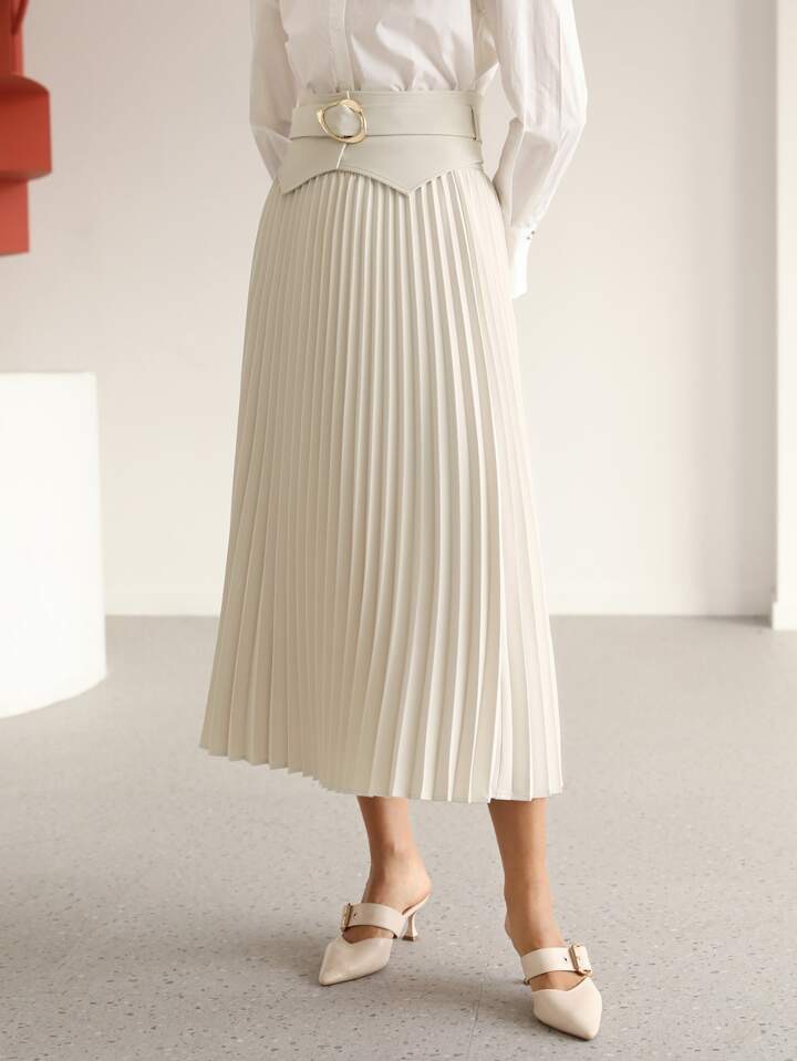 Premium Pleated Cream Skirt with Corset Belt, Women's Fashion, Bottoms, Skirts on Carousell