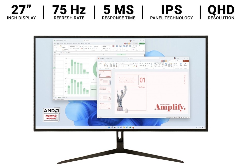 27 inch Monitor, 2.5K QHD 75Hz Flat IPS 2560 x 1440p, slim, VESA, thin ...