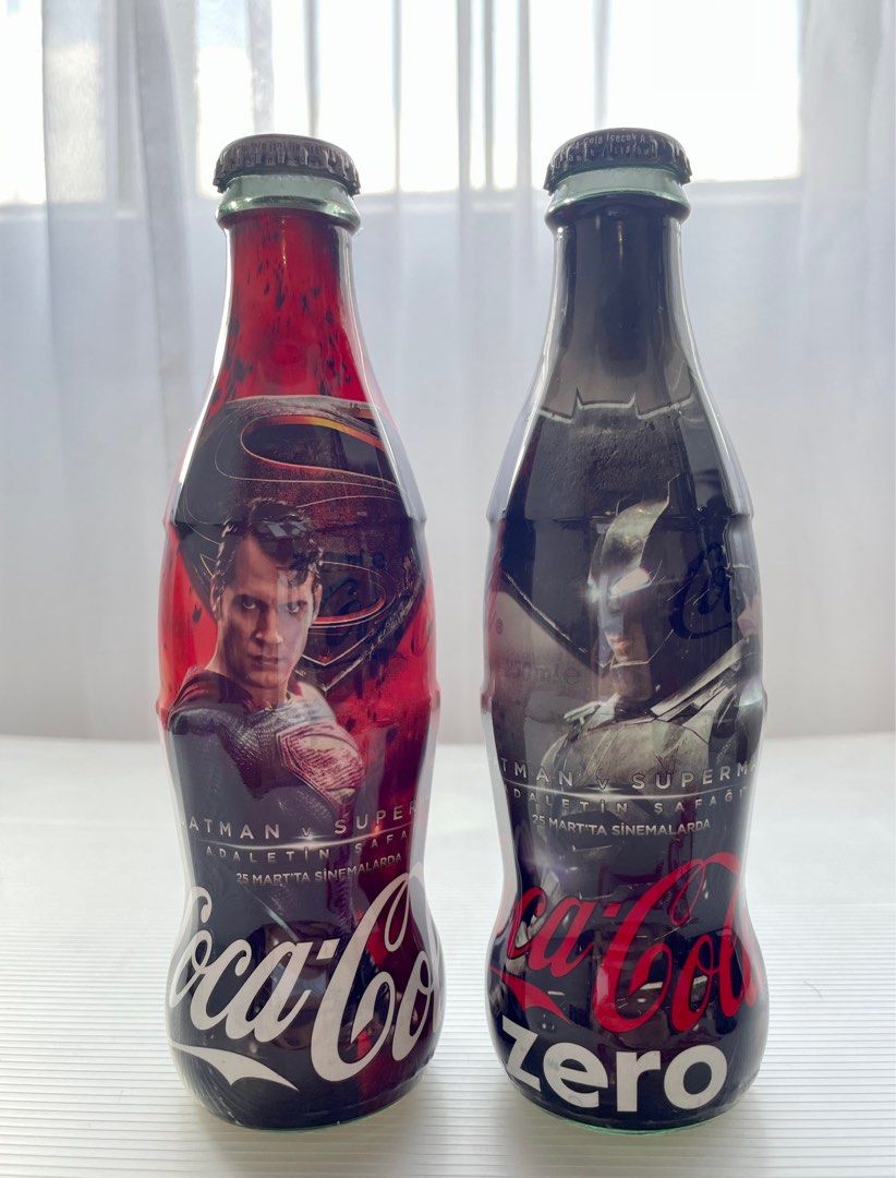 Coca-Cola Superman/Batman Wrapped Glass Bottle Set. Empty, Hobbies ...