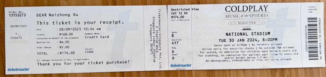 Coldplay 30 Jan Cat 12 Single Ticket Row: D Seat: 9, Tickets & Vouchers ...