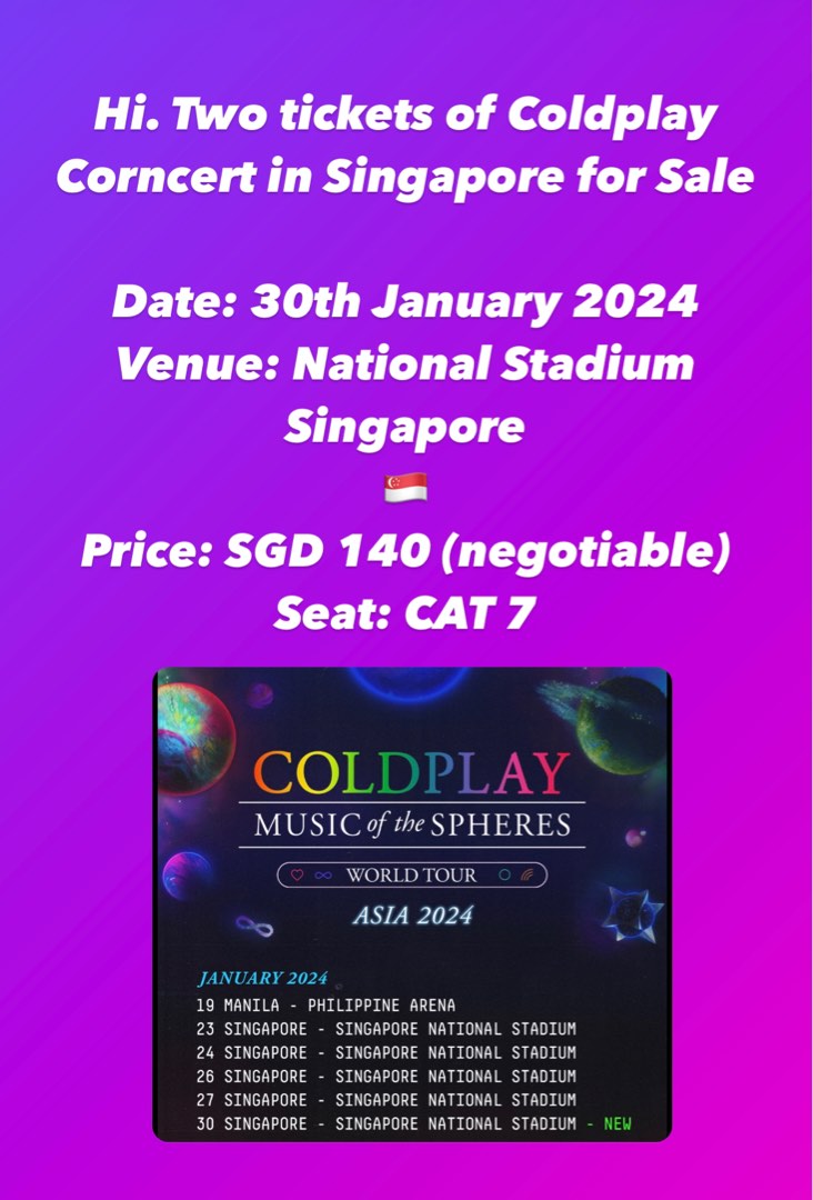 Coldplay Concert in Singapore 2024, Tickets & Vouchers, Event Tickets ...