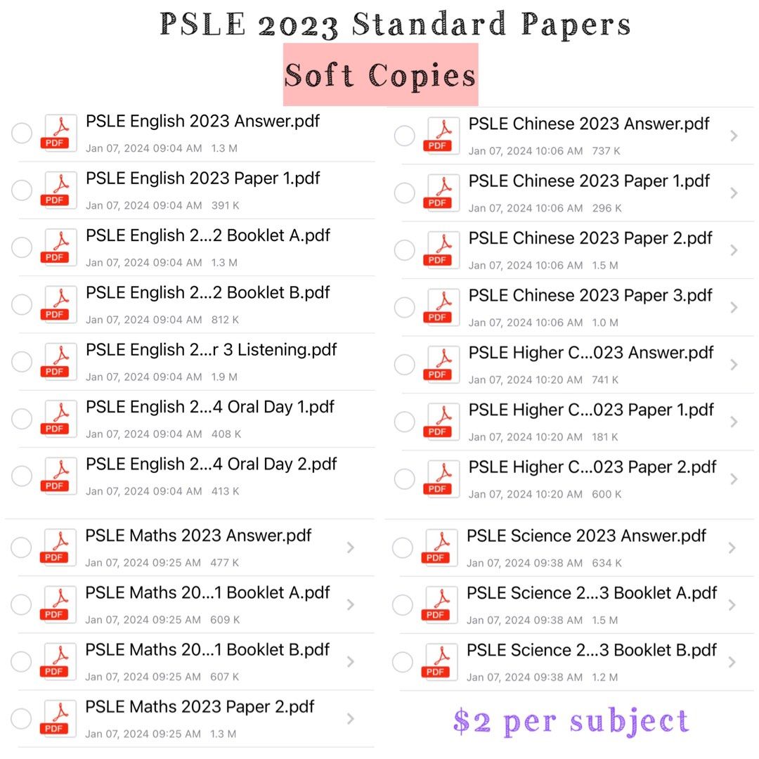 PSLE Papers 2023 Standard Subjects English Math Science Chinese Higher ...